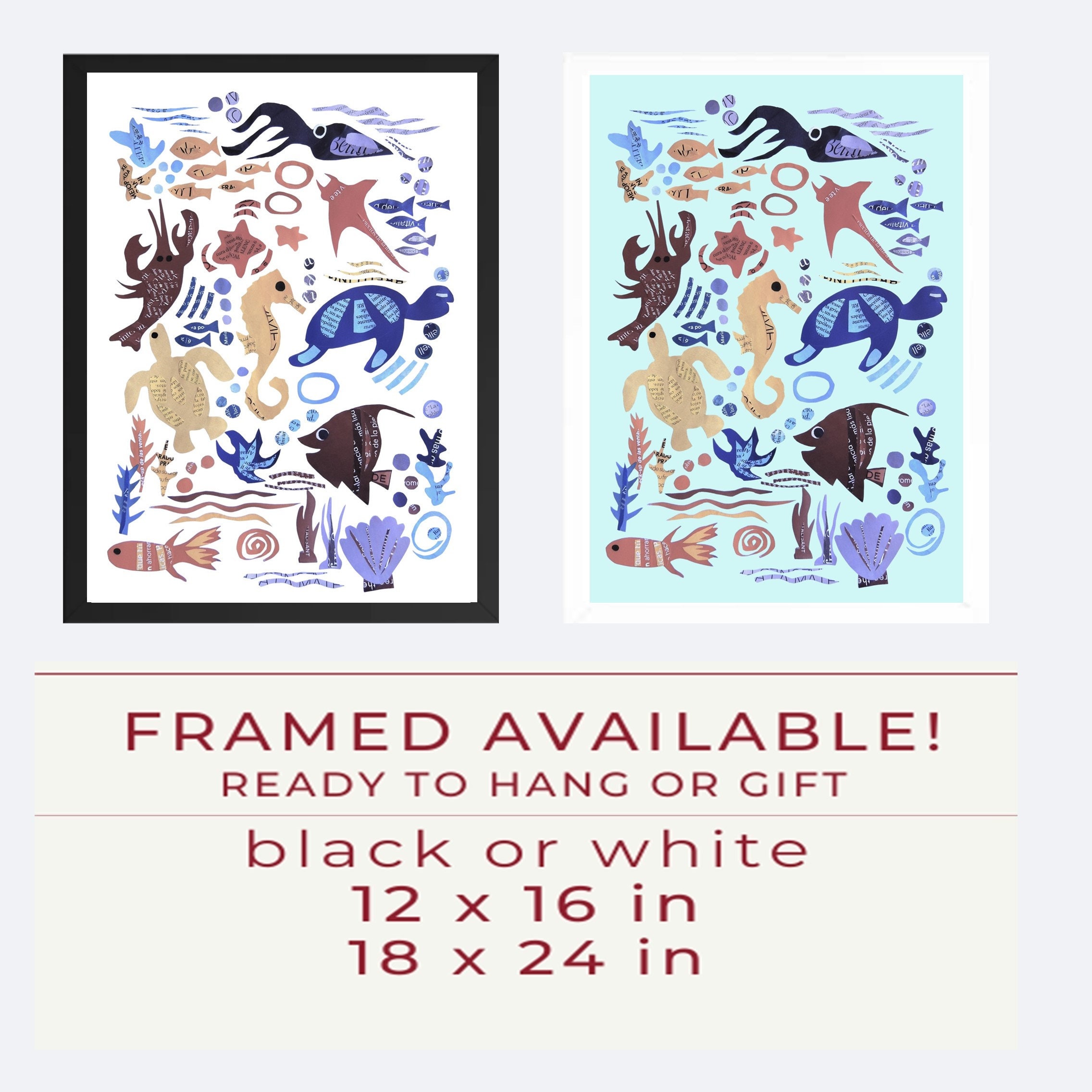 Sea Animal Wall Art Print, Sea Life Collage Artwork for a Nautical ...
