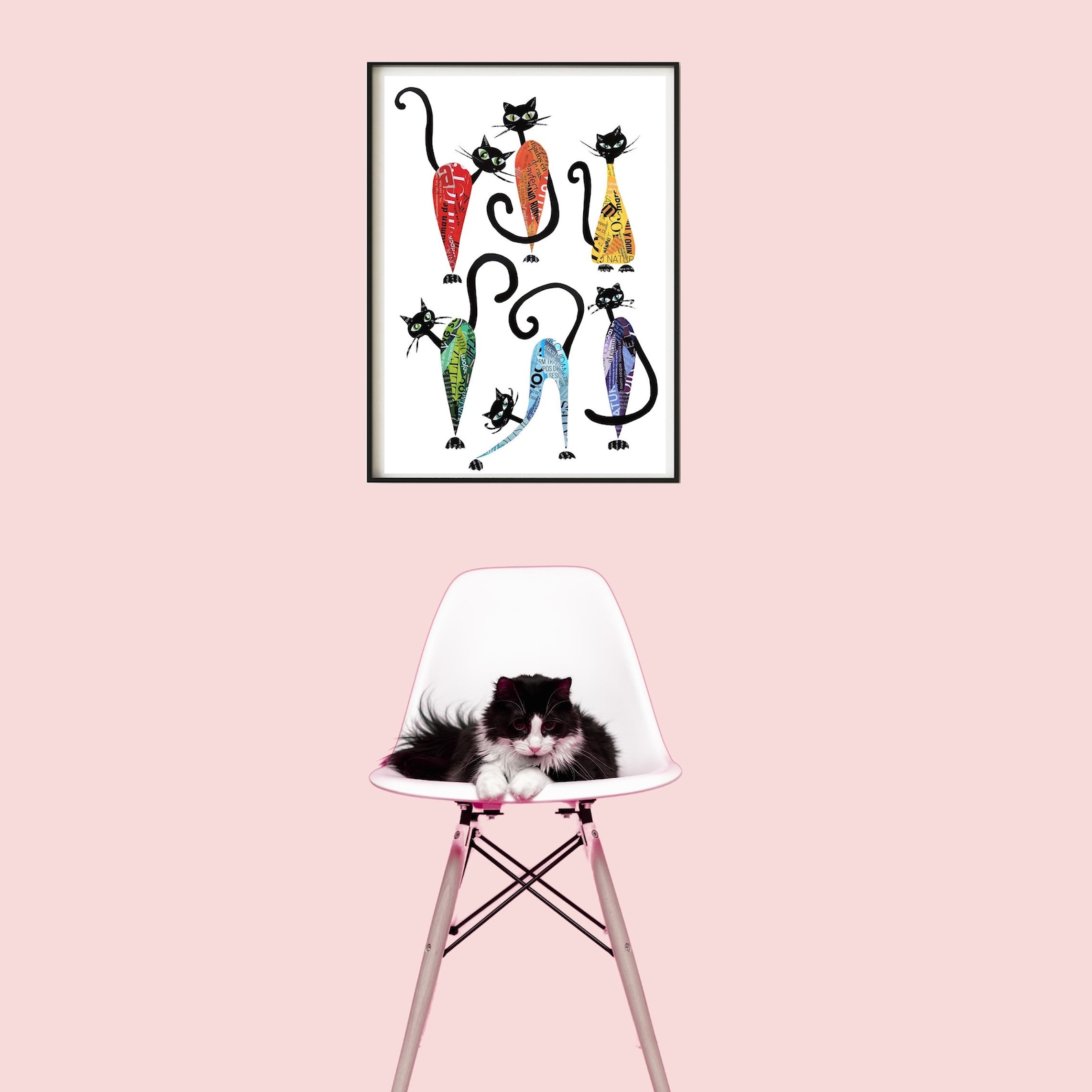Cat Poster, Cat Print From Original Collage Artwork, Happy and Colorful ...
