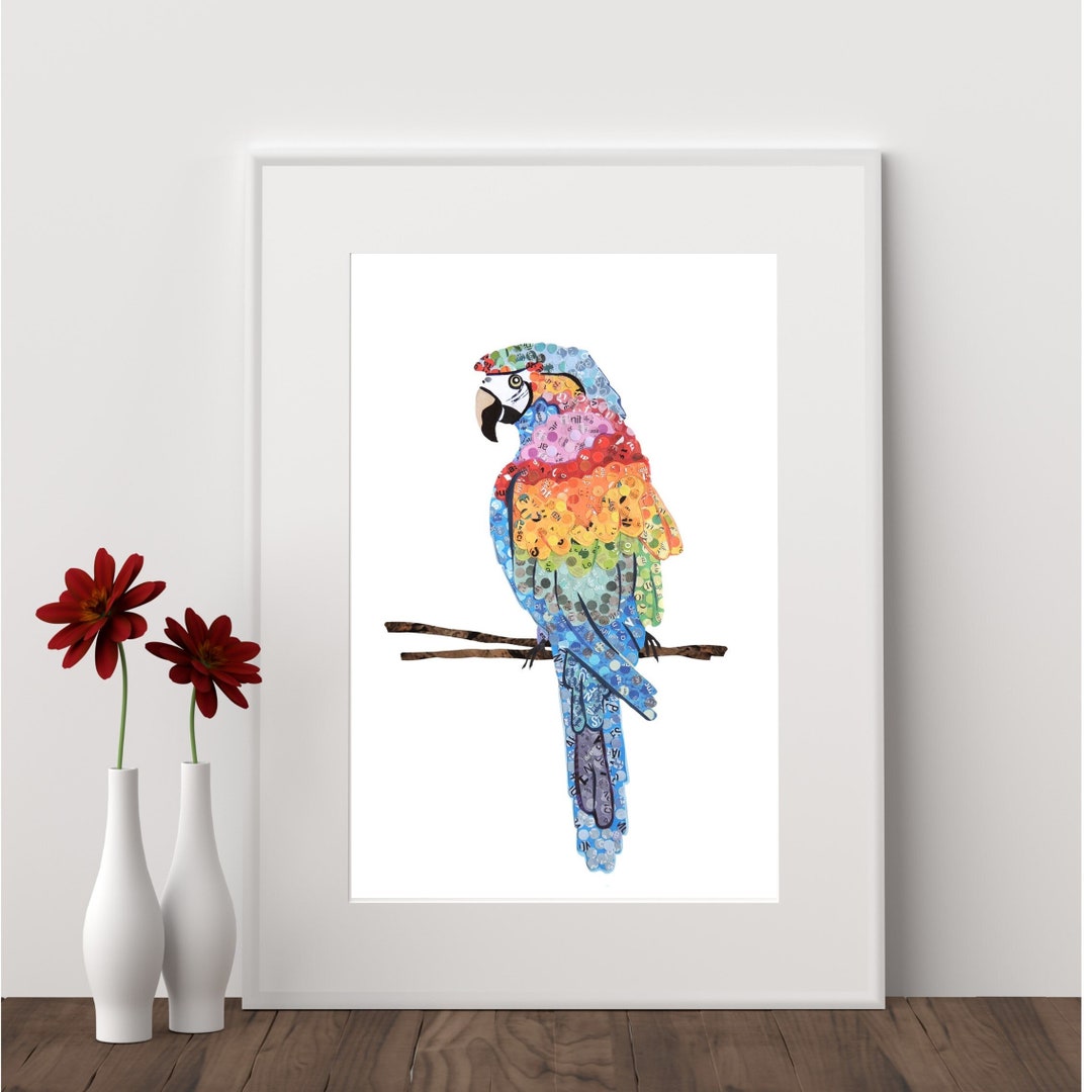 Parrot Art, Tropical Bird Art Print From Unique Paper Collage, Colorful ...