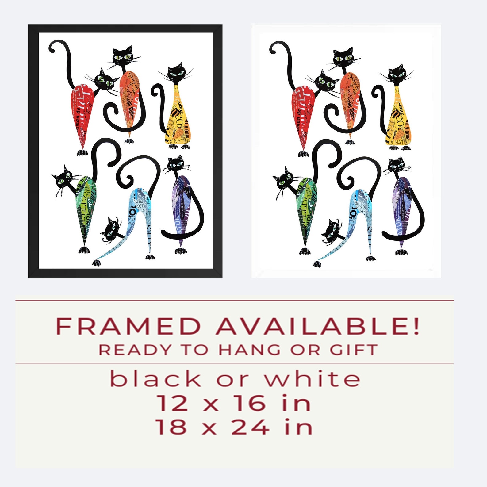 Cat Poster, Cat Print From Original Collage Artwork, Happy and Colorful ...