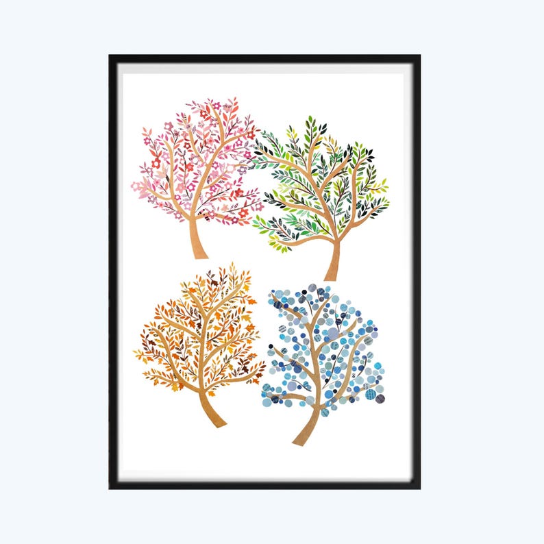 4 Seasons Printable Art, Unique Tree Wall Art, Digital Nature Collage ...