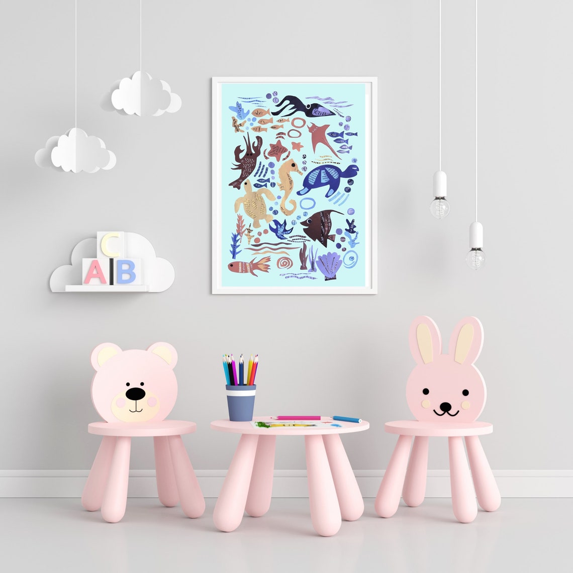 Sea Animal Wall Art Print, Sea Life Collage Artwork for a Nautical ...