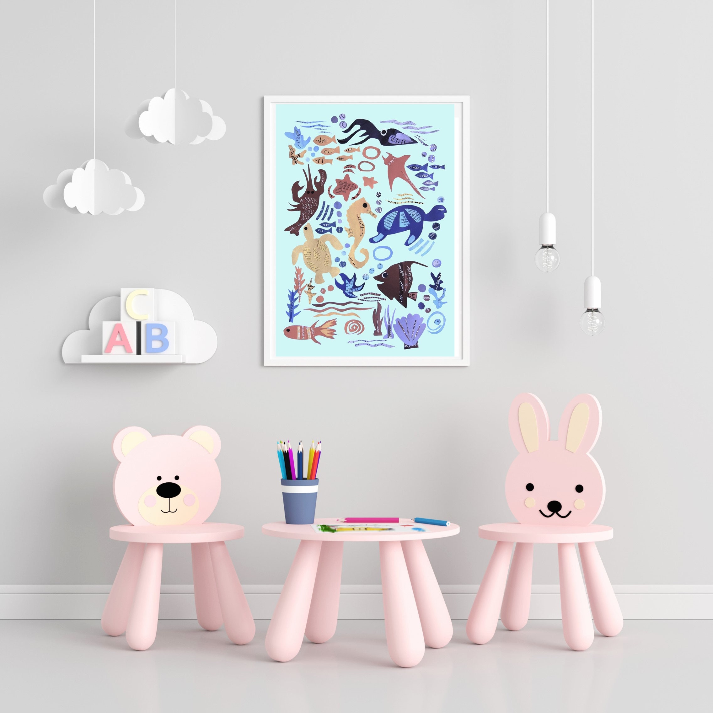 Sea Animal Wall Art Print, Sea Life Collage Artwork for a Nautical ...