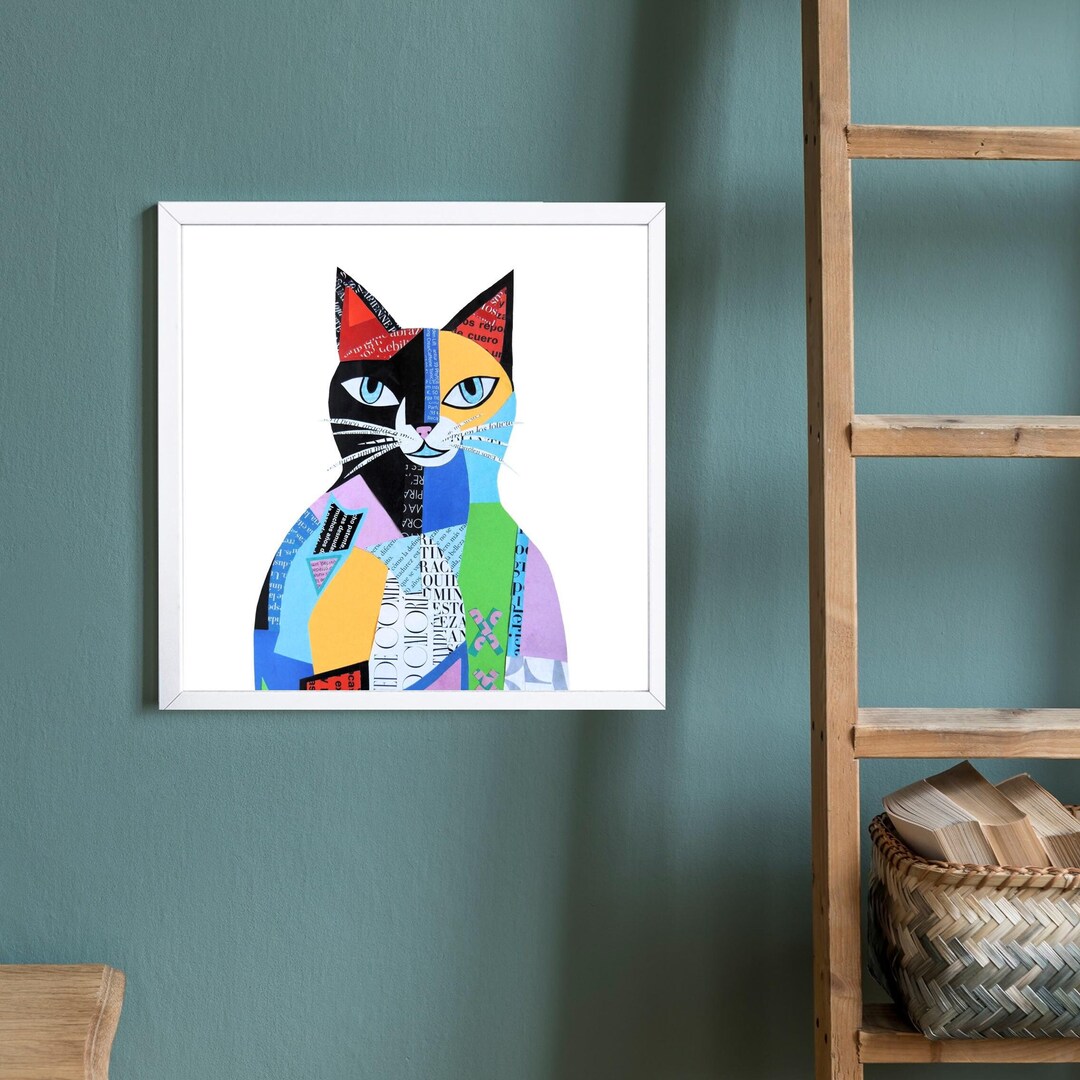 Geometric Cat Art Print: Colorful Cubism Collage, Contemporary Decor - Etsy