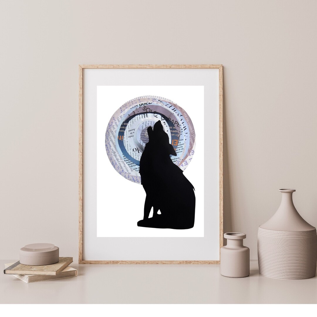 Wolf Howling at Moon Art Print: Bohemian Collage Wall Decor - Etsy