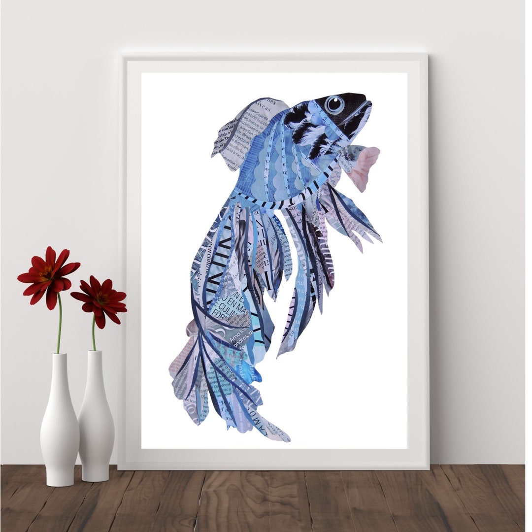 Betta Fish Art Print: Unique Blue Collage Artwork - Etsy
