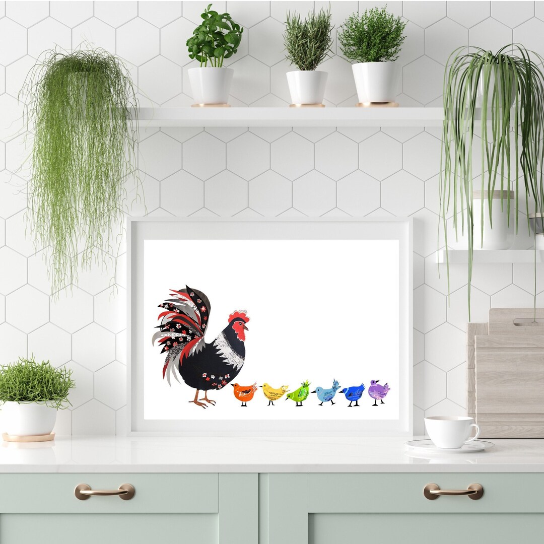 Rainbow Chicken, Funny Chicken Art Print, Farm Animal Collage Artwork ...