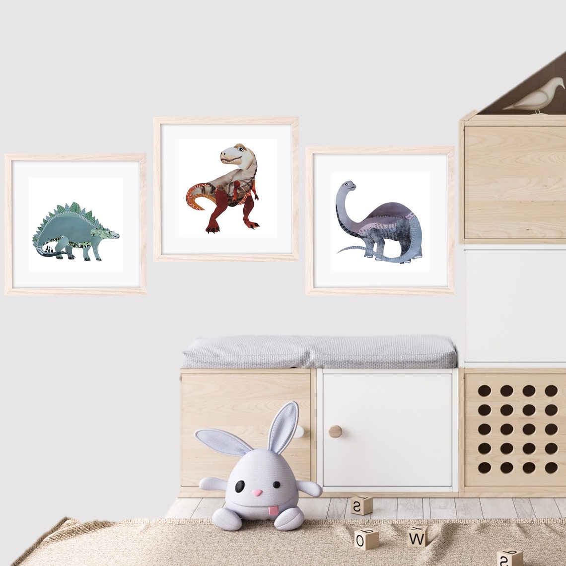 Dinosaur Wall Decor, Set of 3 Prints From Original Collage Artwork as ...