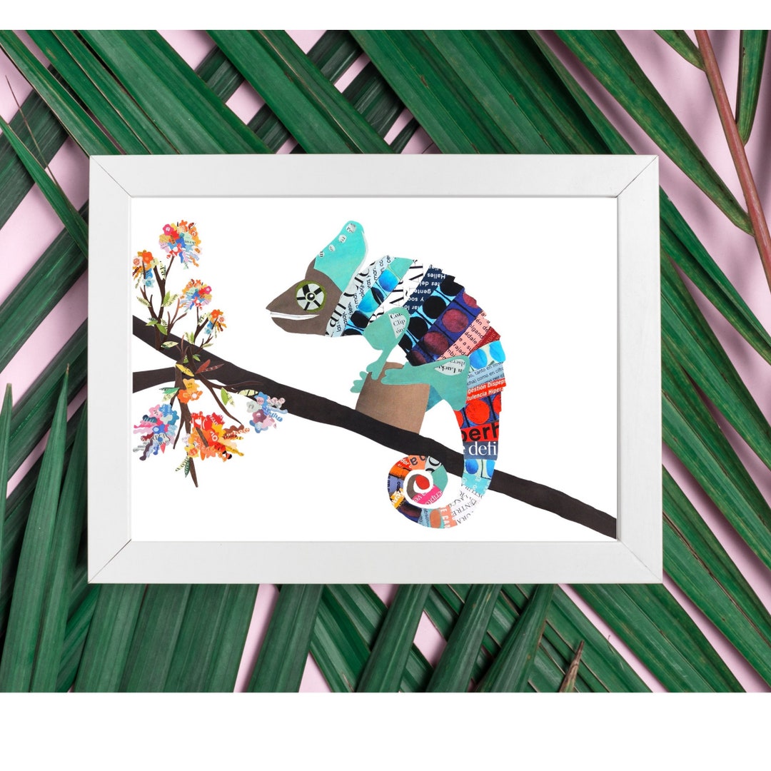 Colorful Reptile Decor, Chameleon Print From Original Animal Collage ...