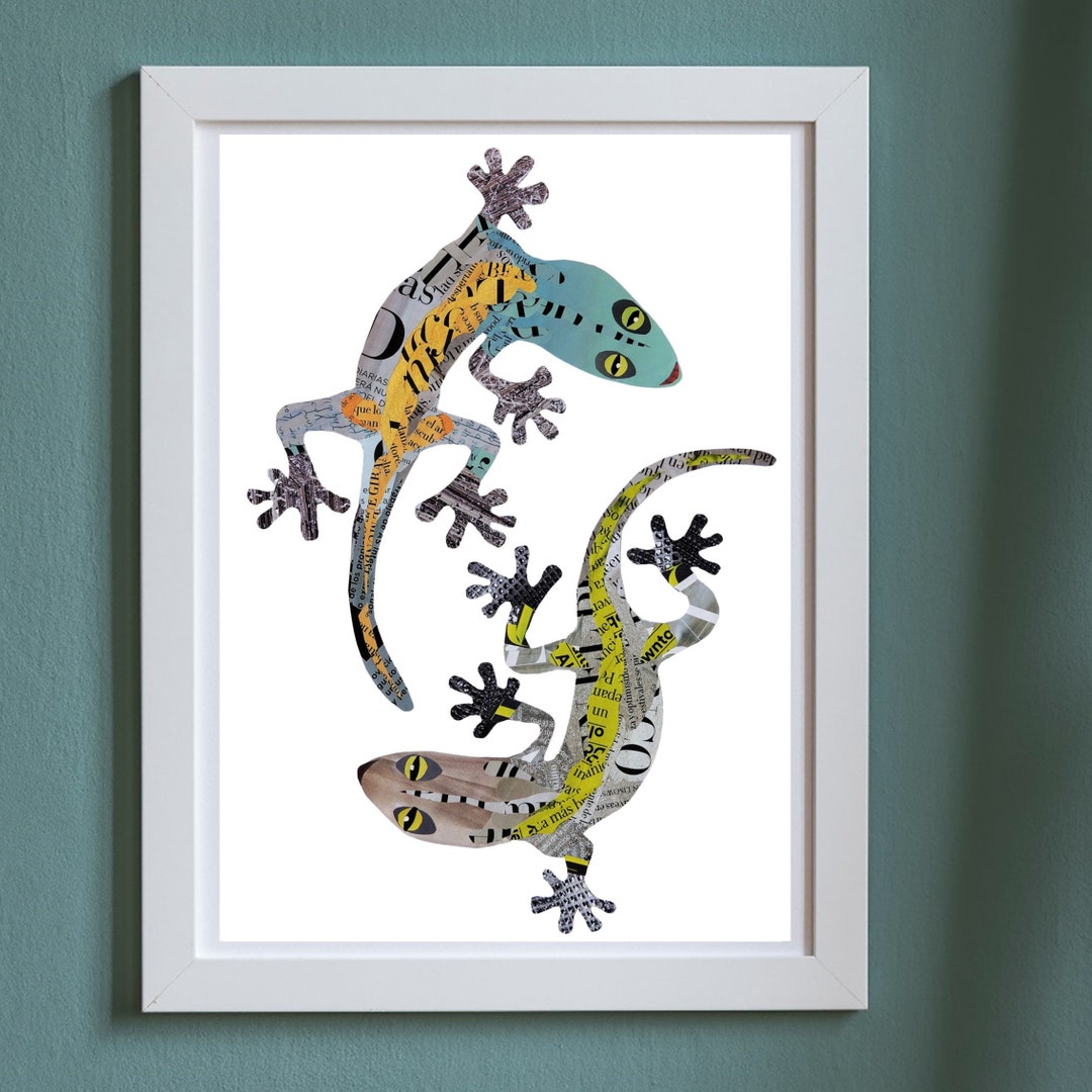 Reptile Decor, Gecko Lizard From Original Collage Art Prints, Rustic ...