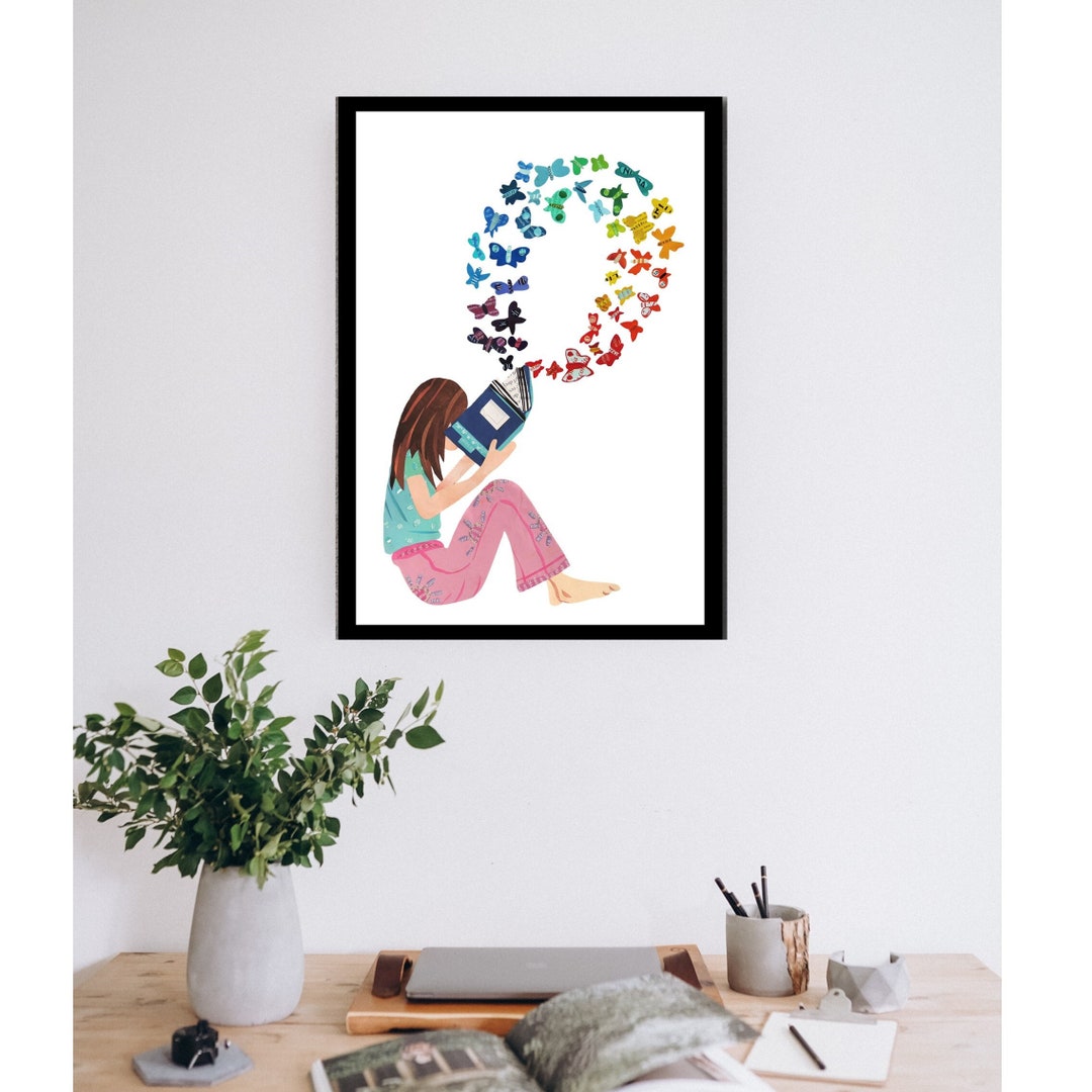 Colorful Book Poster, Collage Reading Art, Girl and Rainbow Butterflies ...
