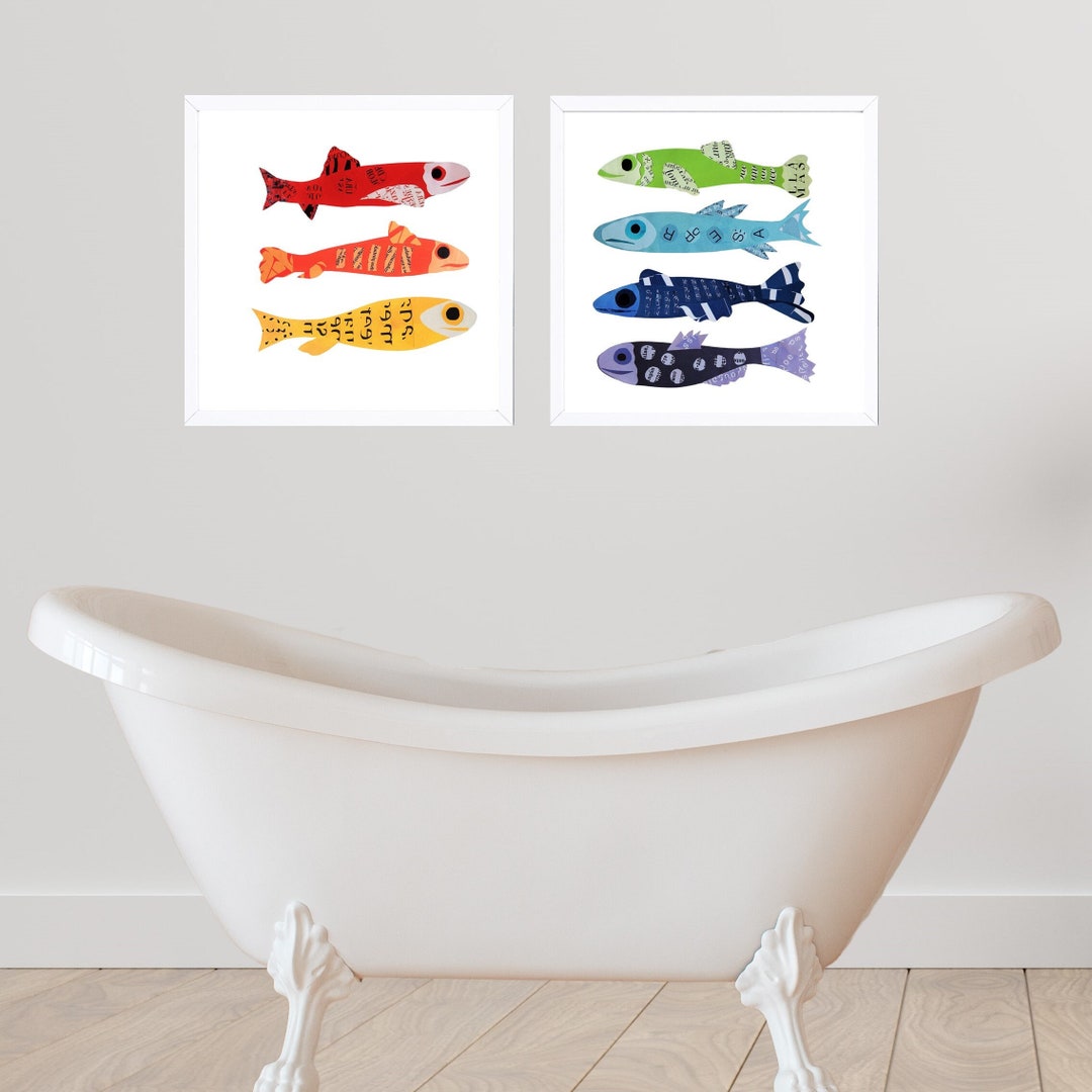 Sardine Collage Art Prints: Rainbow Nursery Bathroom Wall Decor, Set of ...