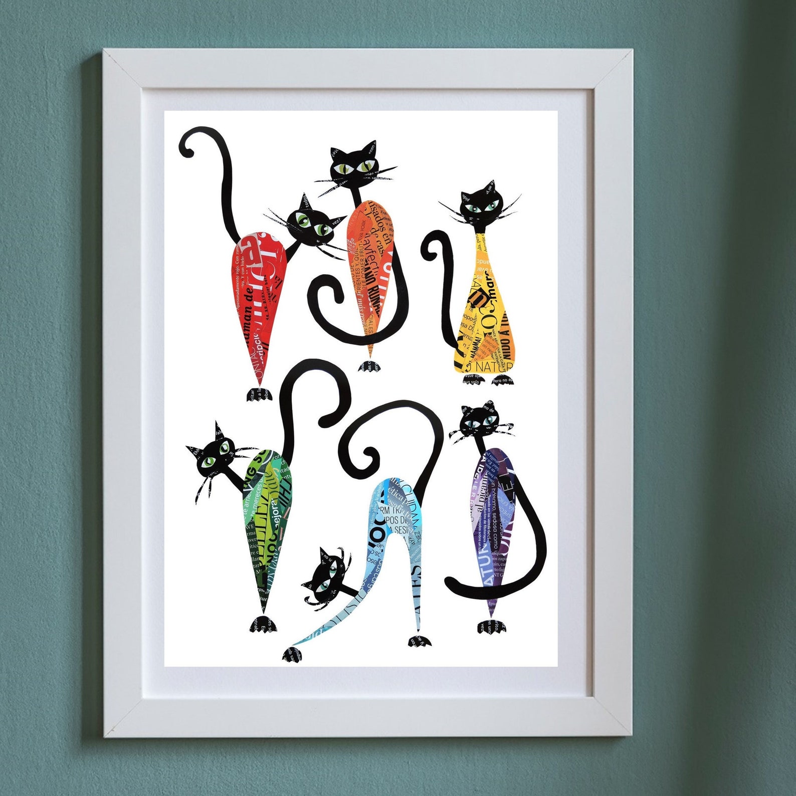 Cat Poster, Cat Print From Original Collage Artwork, Happy and Colorful ...