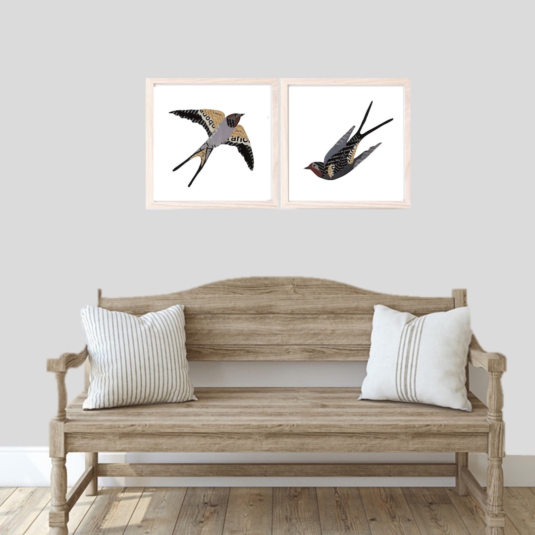 Set of 2 Barn Swallow Bird Art Prints for Vintage Decor, Unique Collage ...
