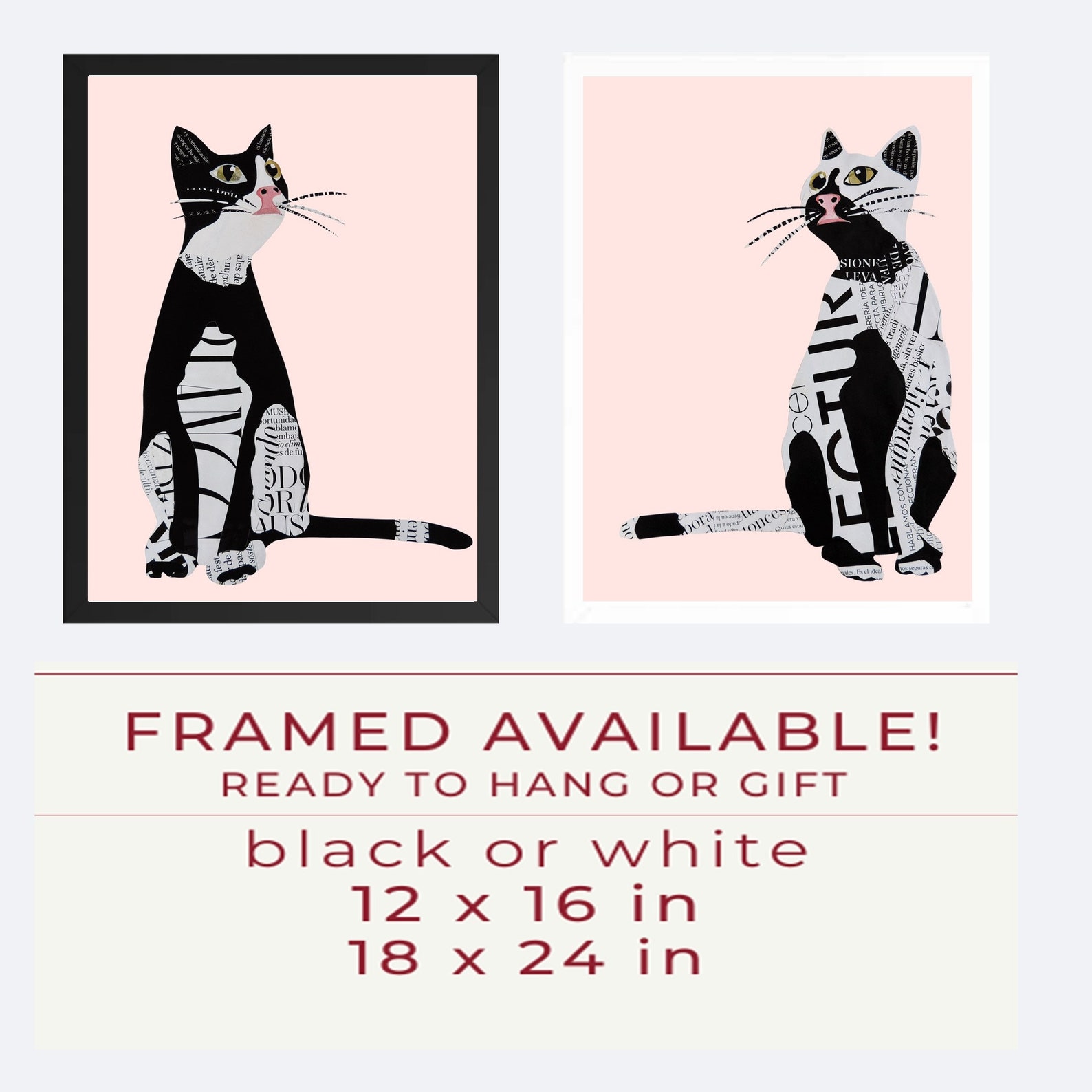 Pink Cat Art Prints, Blush Pink Decor From Original Collage Wall Art ...