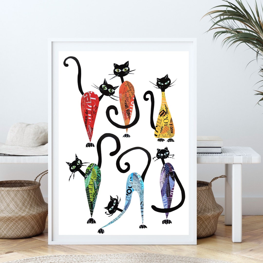 Cat Poster, Cat Print From Original Collage Artwork, Happy and Colorful ...