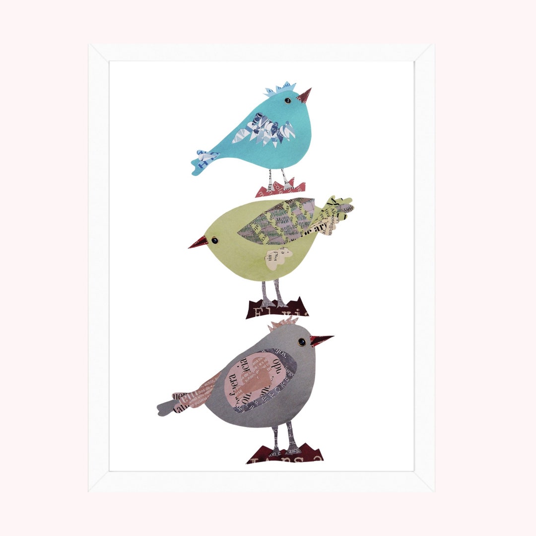 3 Little Birds | Original Collage Artwork | Neutral Nursery Decor ...