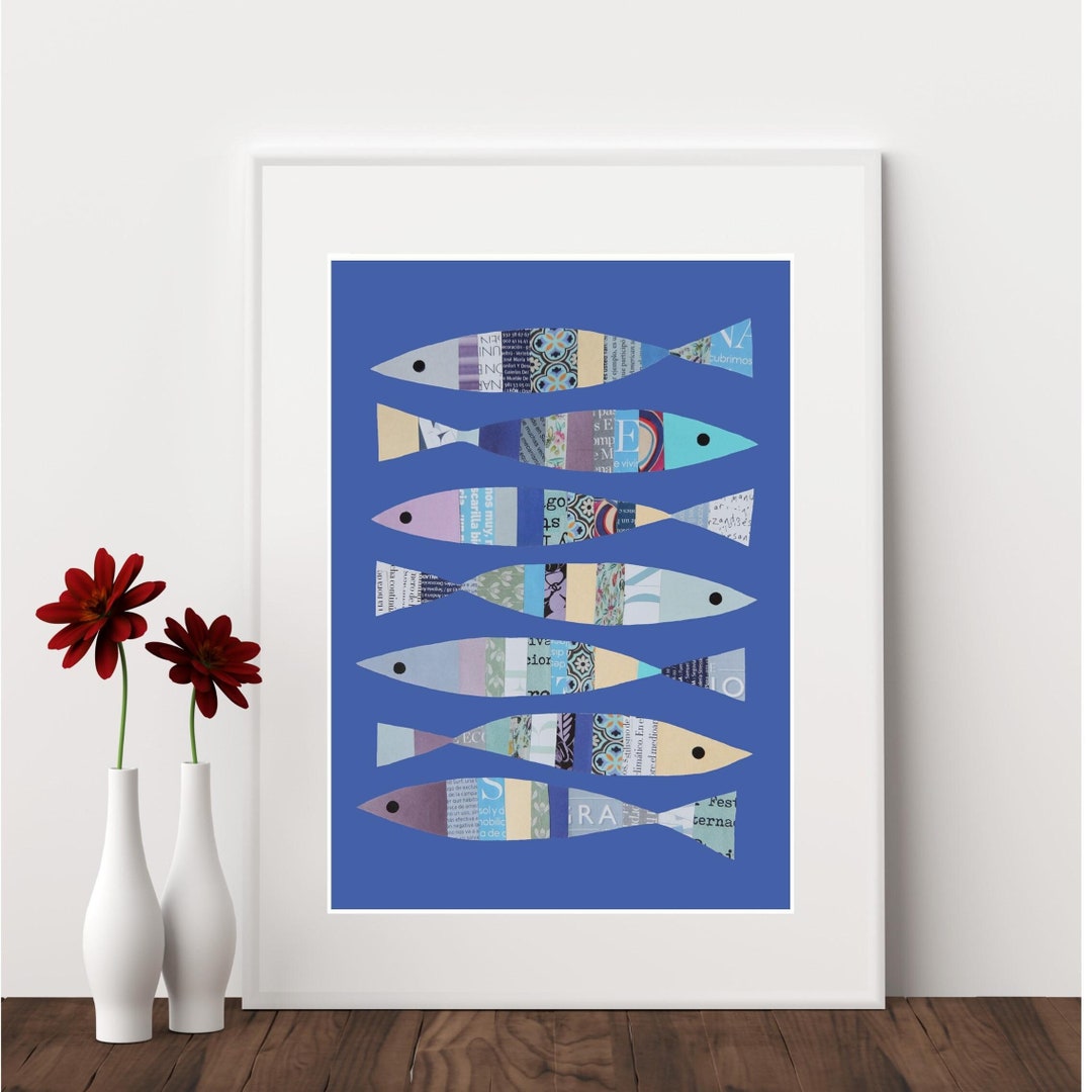 Blue Mediterranean Sardine Art Print: Collage Fish Wall Decor - Etsy
