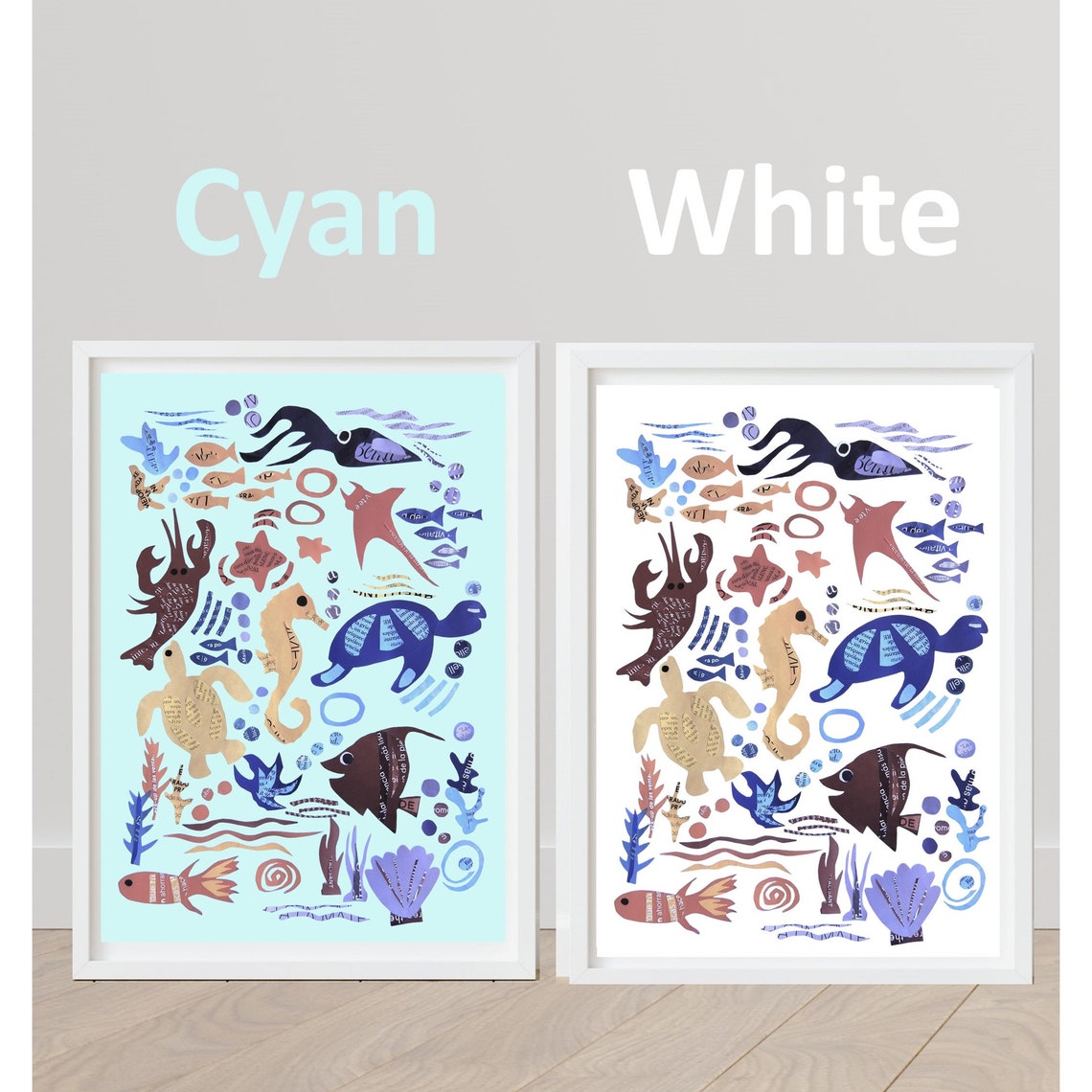 Sea Animal Wall Art Print, Sea Life Collage Artwork for a Nautical ...