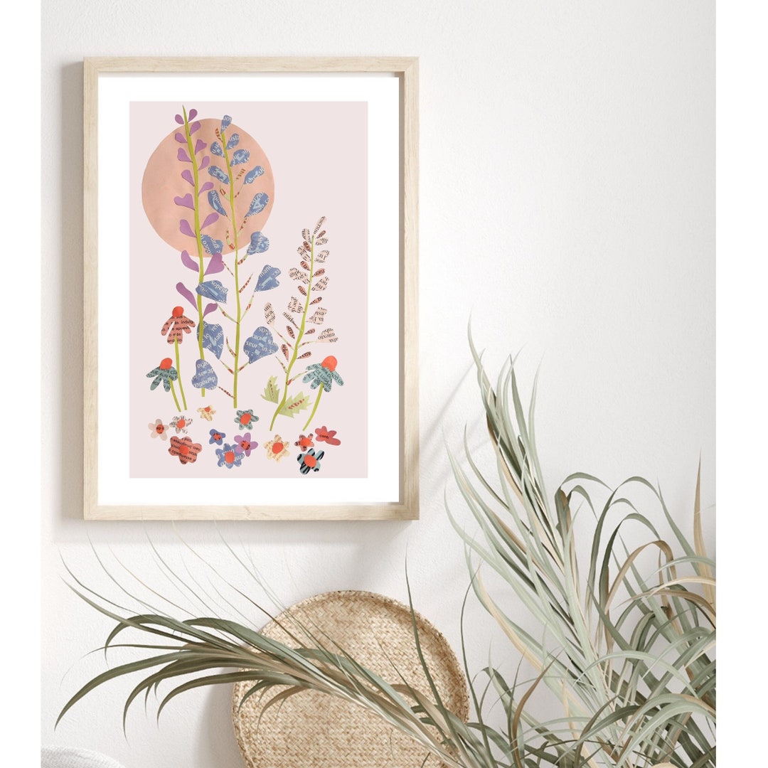 Boho Flowers, Minimalist Flower Poster, Danish Pastel Original Collage ...