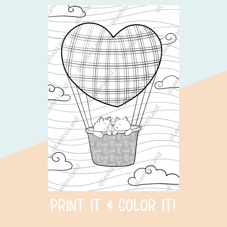 Cute Valentine Kitties on Hot Hair Balloon Printable Coloring Page, DIY ...