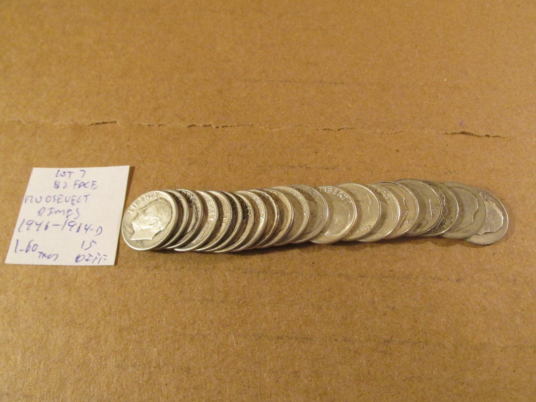 2.00 Face~20 Roosevelt Dimes~1946 to 1964-d~actual Coins Shown~90% Silver~1.60 Troy Oz~free ...