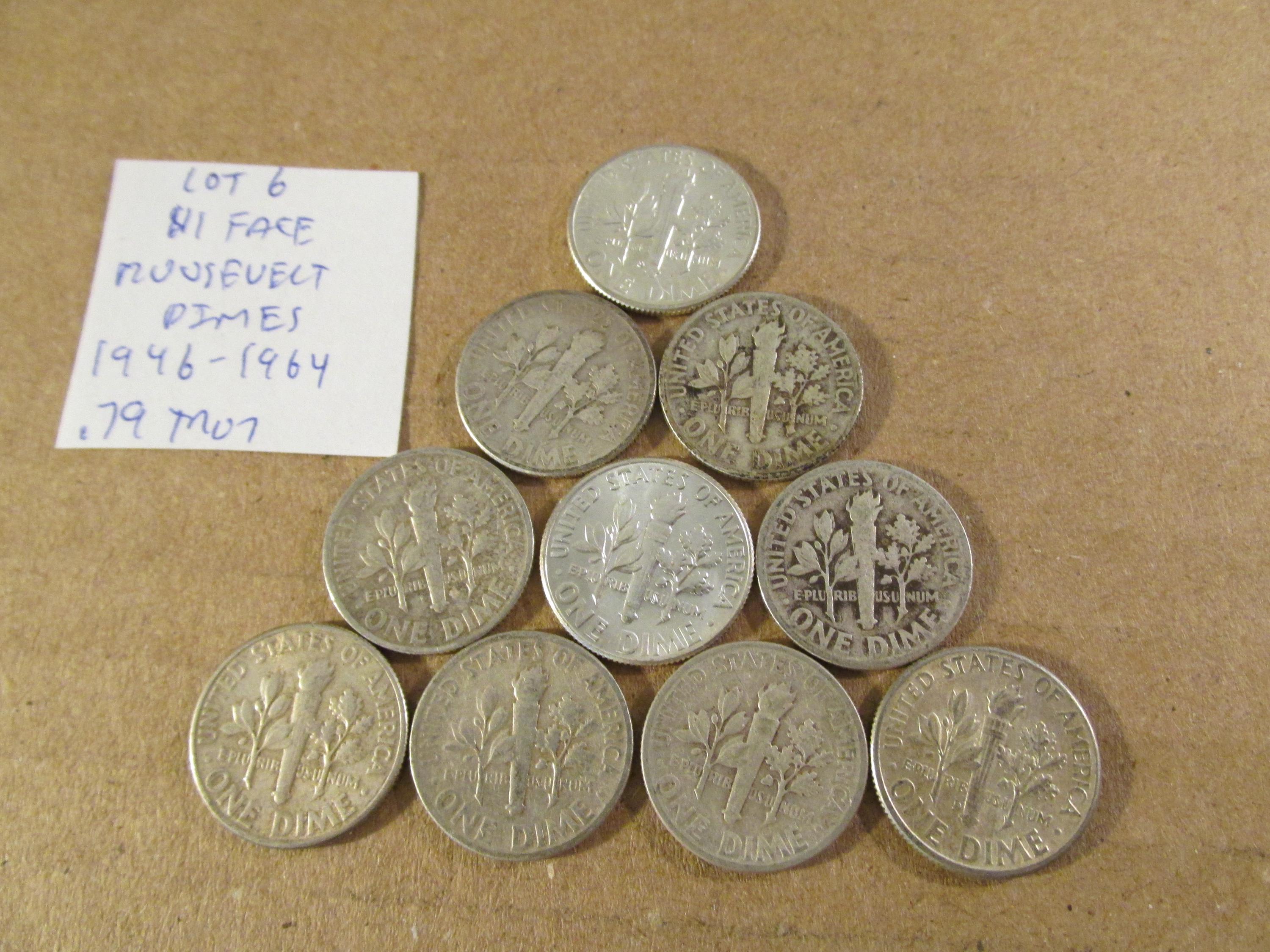 1.00 Face~10 Roosevelt Dimes~1946 to 1964~actual Coins Shown~90% Silver ...