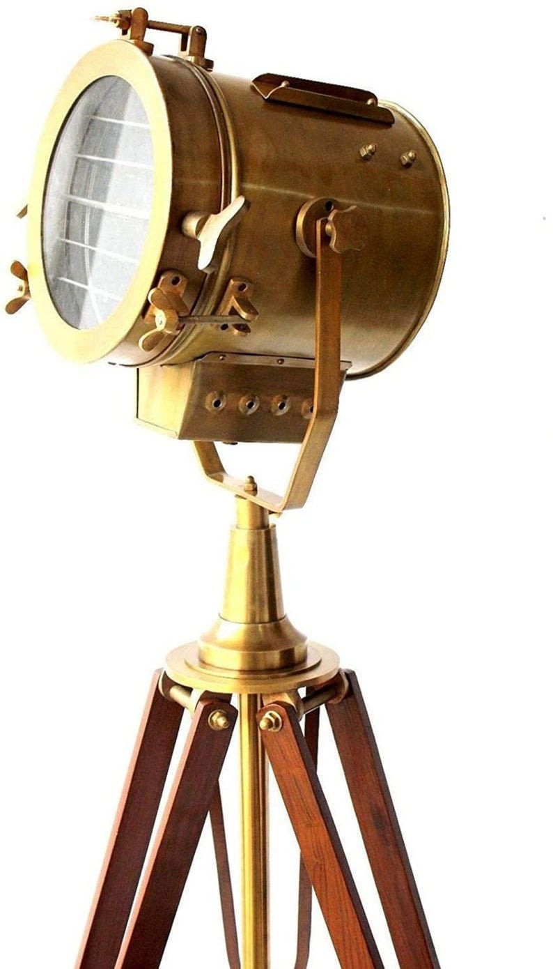 Vintage Modern Searchlight Nautical Lamp Timber Tripod Brass Antique ...