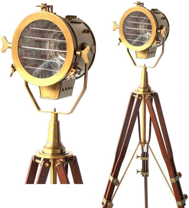 Vintage Modern Searchlight Nautical Lamp Timber Tripod Brass Antique ...