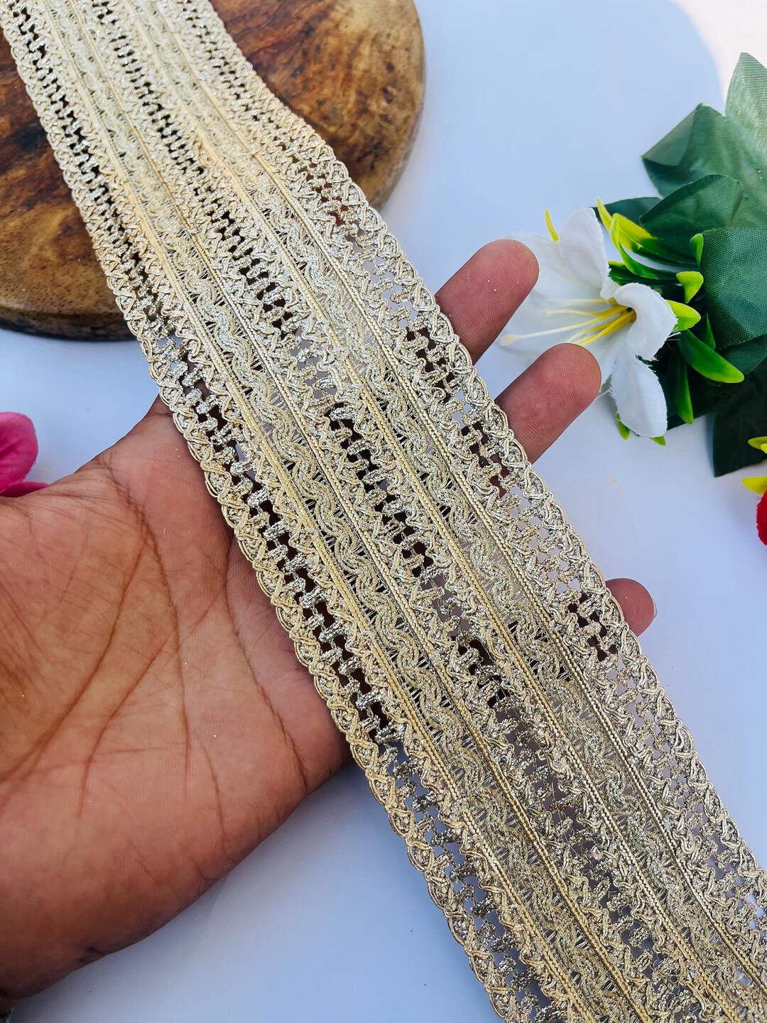 Golden Metallic Broad Trim, Embroidered Decorative Lace Border, 1 Yard ...
