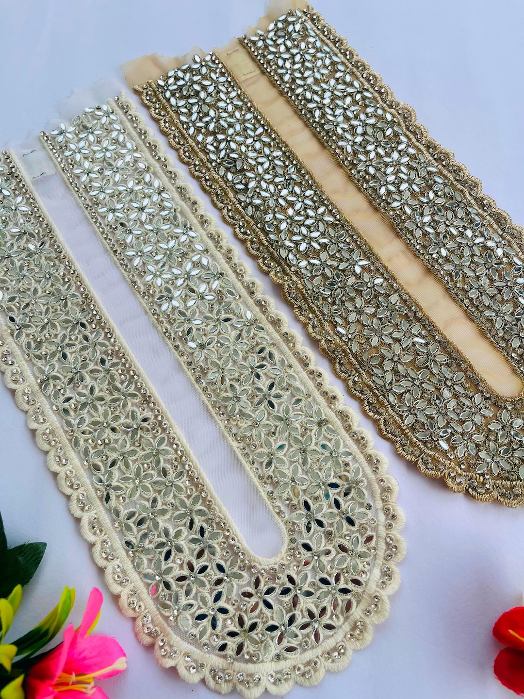 Designer Mirror Work U-neckline – White & Antique Gold Embroidered ...