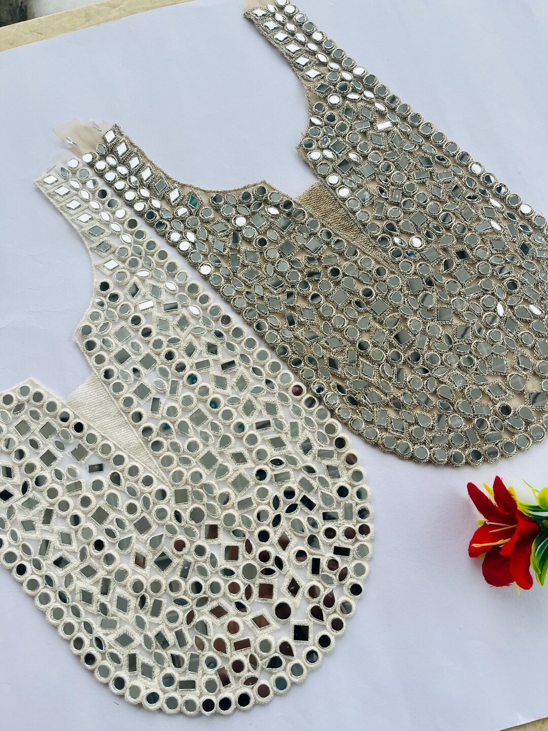 Designer Soft Mirror Work Neckline – White & Antique Gold Embroidered ...