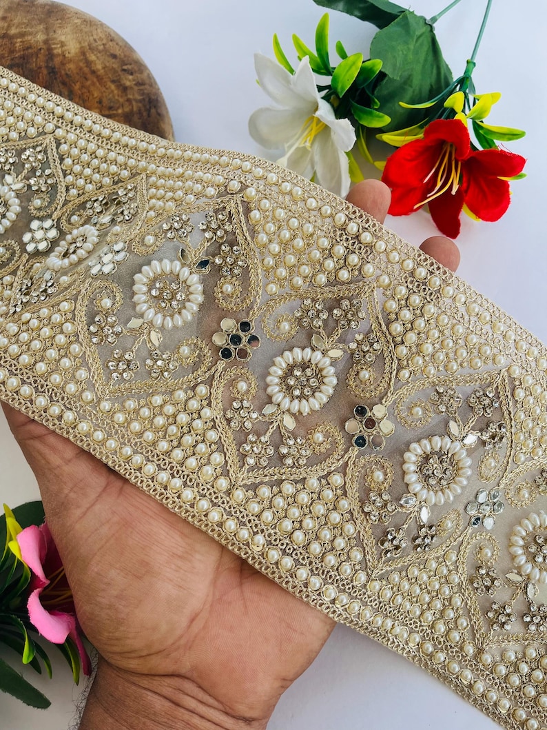5.25 Inch Wide Gold Pearl Mirror Embroidered Trim | Heavy Bridal Border ...