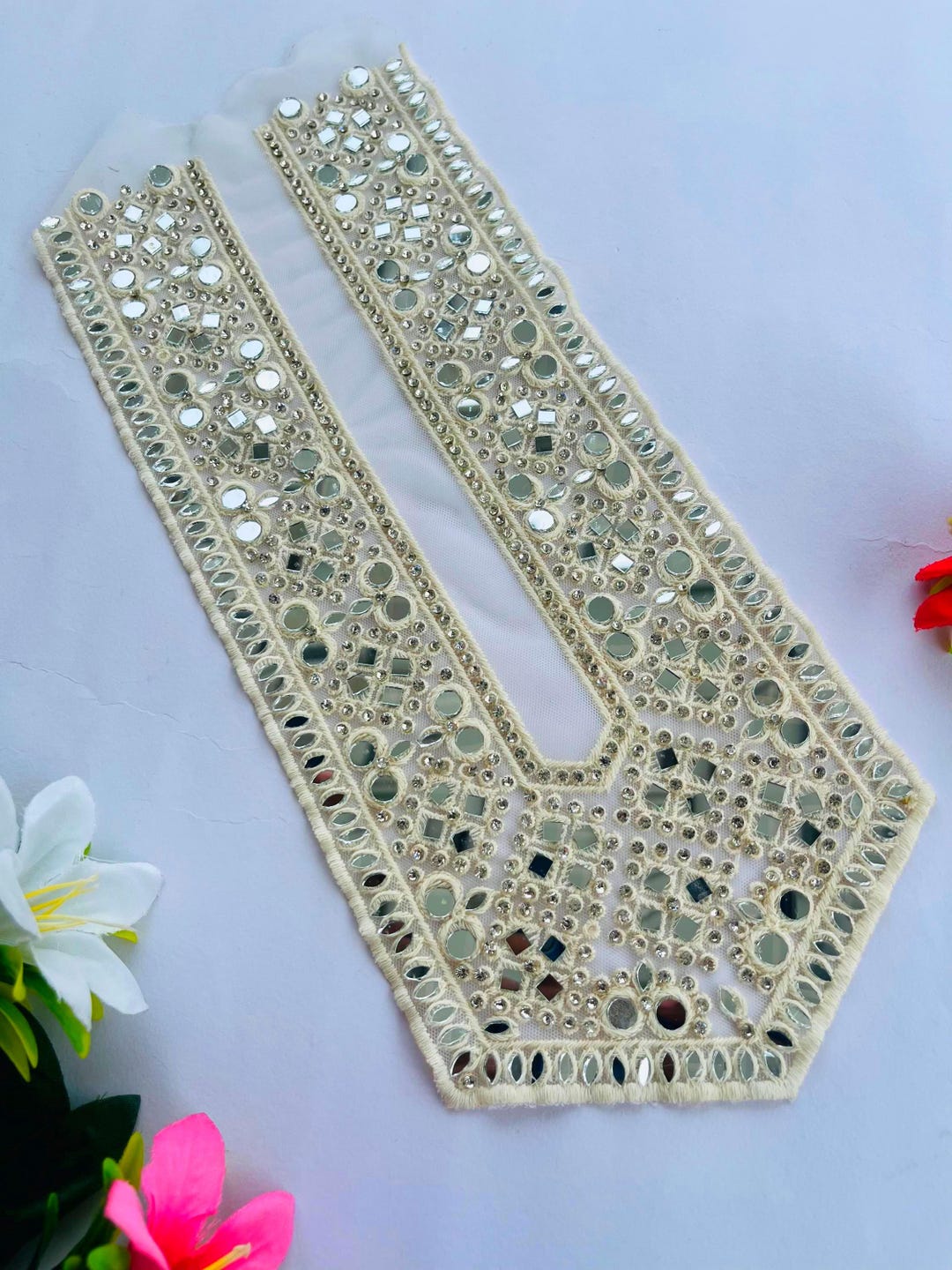 Floral Mirror Work Neckline Applique, Handmade Patch, Ethnic Dress ...