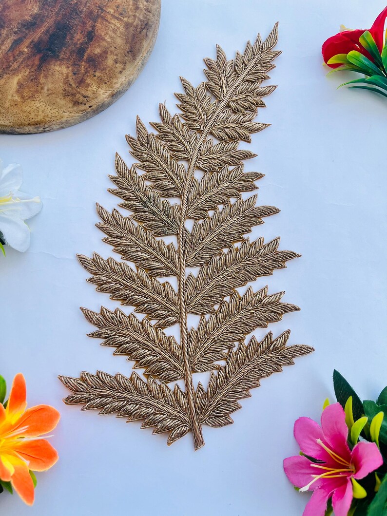 Gold Zardozi Leaf Patch, Handmade Embroidered Applique, 12x6 Inch Leaf ...