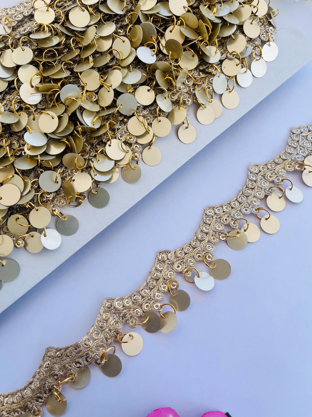 1 Inch Wide Gold Scallop Fringe Trim, Handmade Coin Hanging Embellished ...