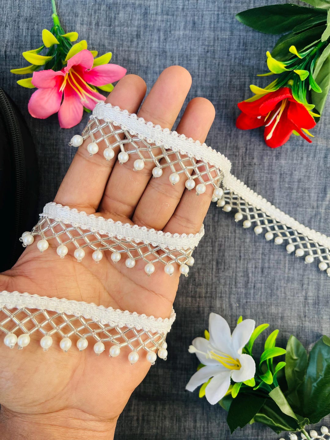 White Pearl Dangle Trim, Lace Trim Sew-on, Tassel Chain, Beautiful ...