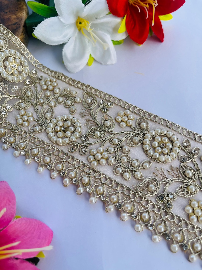3inch Wide Soft Gold Pearl Beaded Trim | Hand Embroidered Zari Lace ...