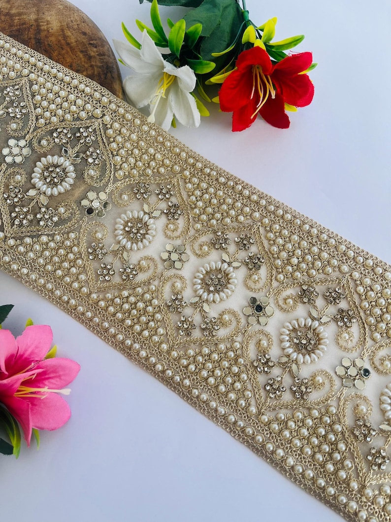 5.25 Inch Wide Gold Pearl Mirror Embroidered Trim | Heavy Bridal Border ...