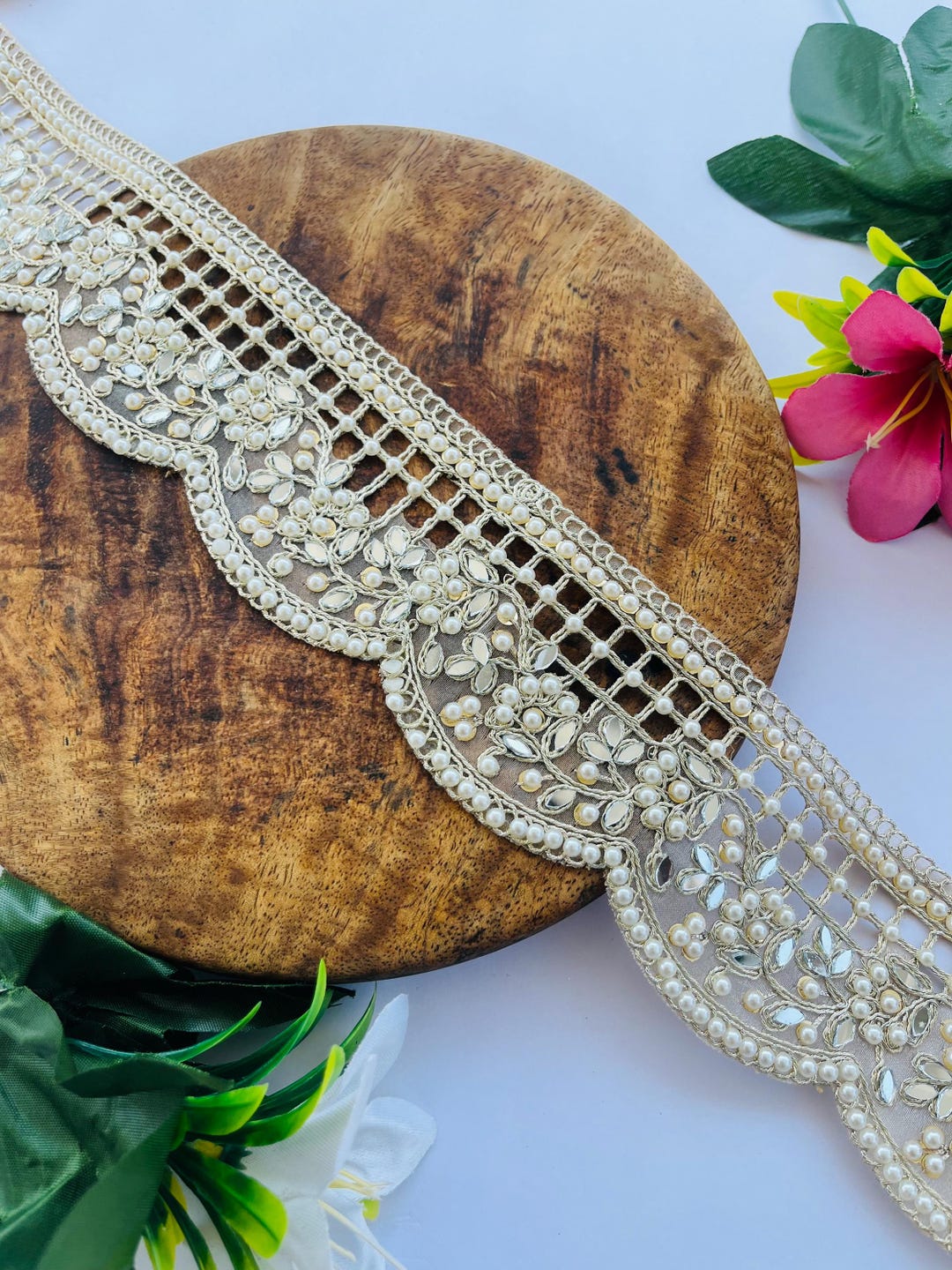 Golden Scalloped Pearl Mirror Lace Trim | Handcrafted Embellishment ...