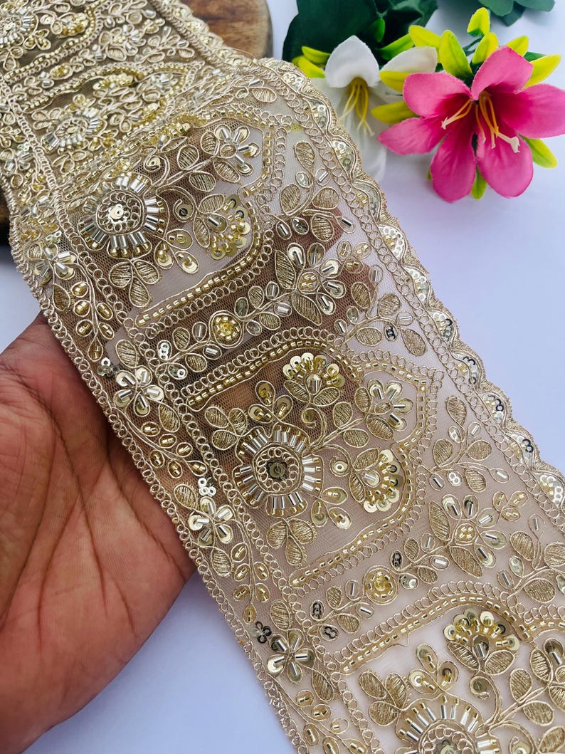 Luxury Pearl-tussle Embroidery Gold Trim – Wide 4.5 Inch Bridal Lace ...