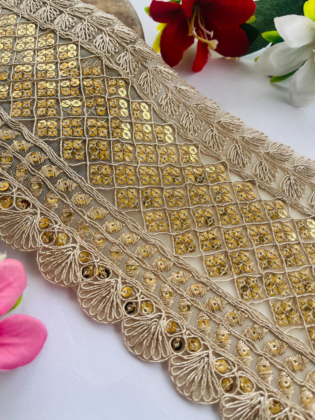 1 Yard Gold Sequin Embroidered Net Lace Trim – 5.25 Inch Wide Luxury ...
