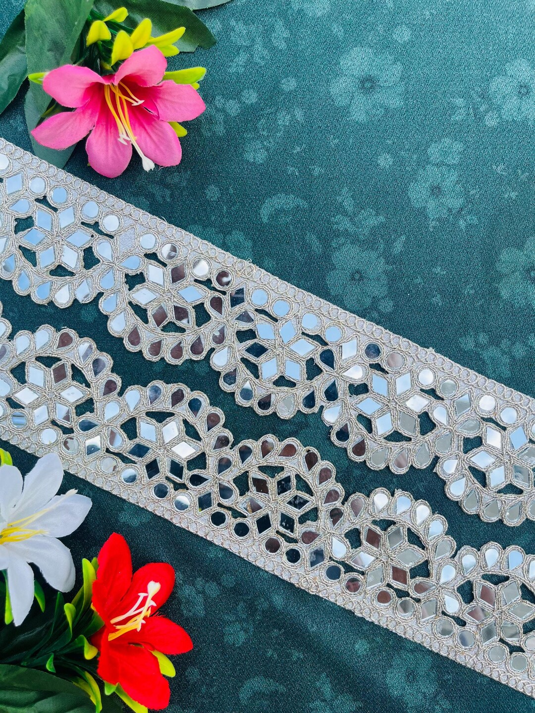 Silver Mirror Work Trim – Cutwork Zari Border Lace, 1 Yard - Etsy