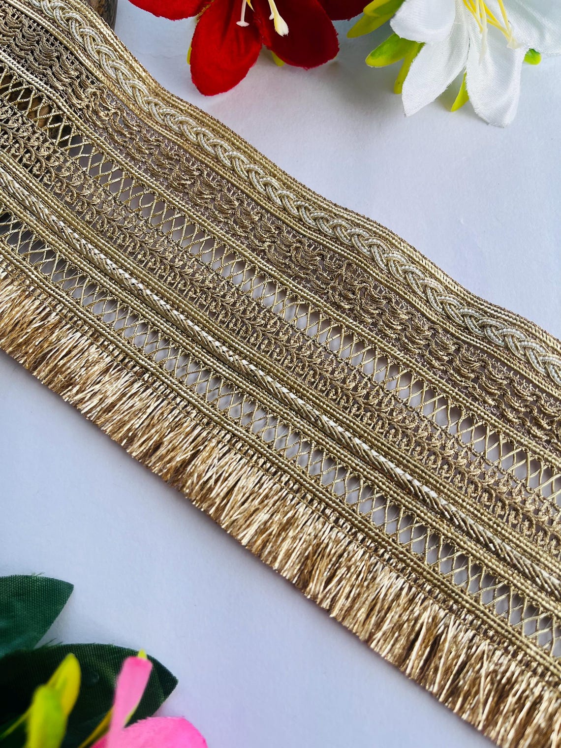 3.5 Inch Golden Broad Brush Trim: Metallic Broad Lace Border for Sewing ...