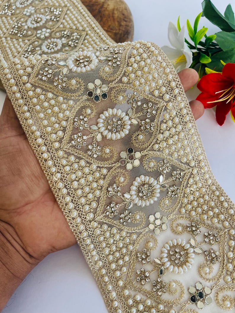 5.25 Inch Wide Gold Pearl Mirror Embroidered Trim | Heavy Bridal Border ...