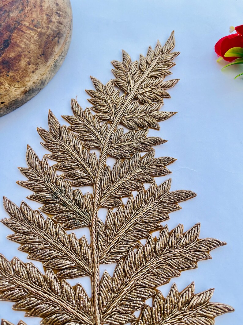 Gold Zardozi Leaf Patch, Handmade Embroidered Applique, 12x6 Inch Leaf ...