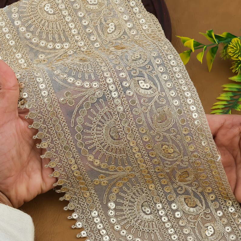 Antique Gold Zardozi & Sequin Work Indian Embroidered Lace Trim, Scalloped Zari Net Fabric Sari ...