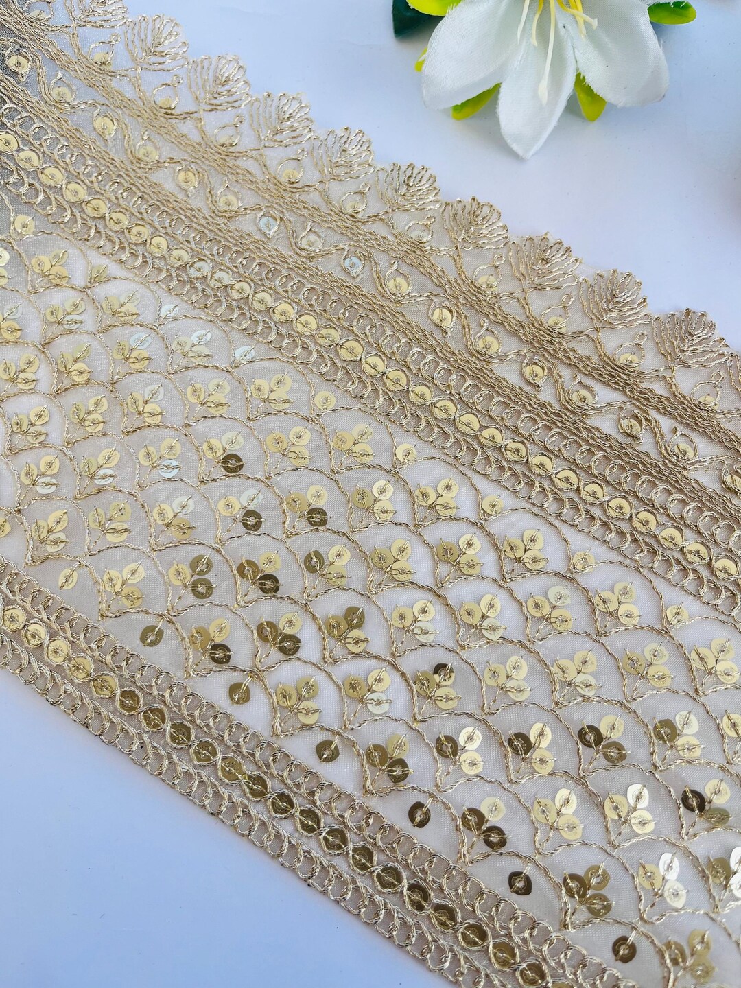 Broad Golden Embroidered Lace Trim – 6 Inch Sequin Floral Border, 1 ...
