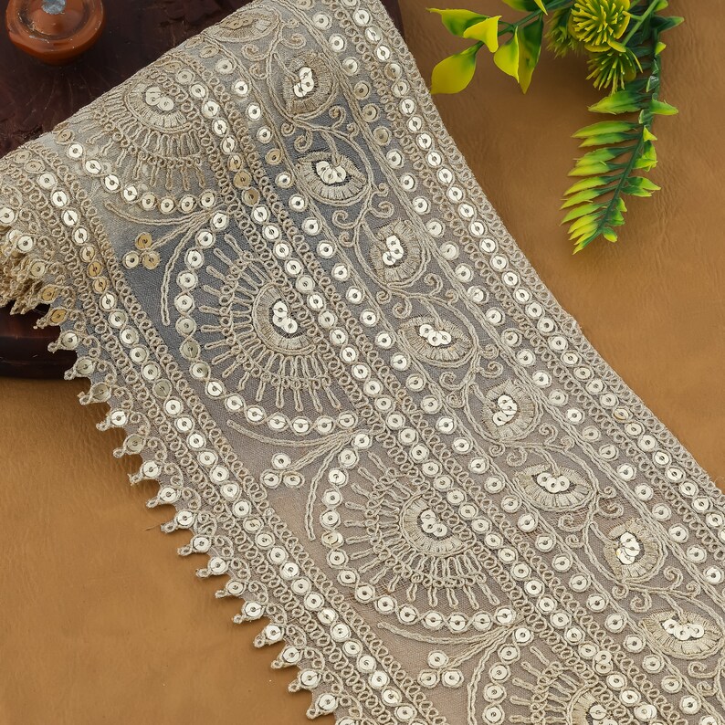 Antique Gold Zardozi & Sequin Work Indian Embroidered Lace Trim, Scalloped Zari Net Fabric Sari ...