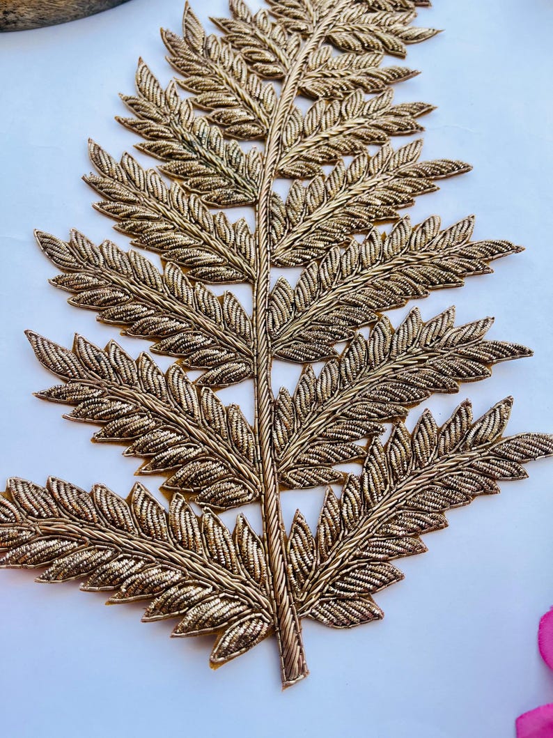 Gold Zardozi Leaf Patch, Handmade Embroidered Applique, 12x6 Inch Leaf ...